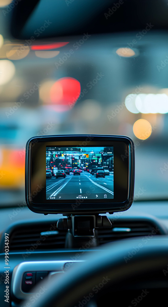 Video recorder screen in the car interior. Recording of traffic ...