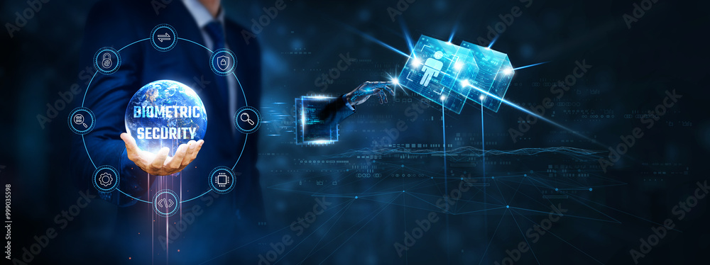 Biometric Security: Businessman hand hold and robot touching on ...