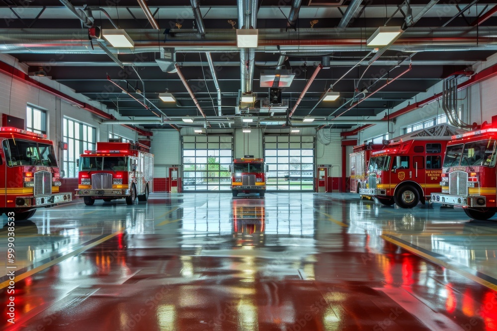Interior of a fire station with fire trucks Stock Photo | Adobe Stock