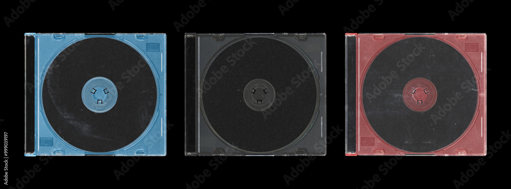 set of three isolated mockup of old music CD disc jewel case with black ...