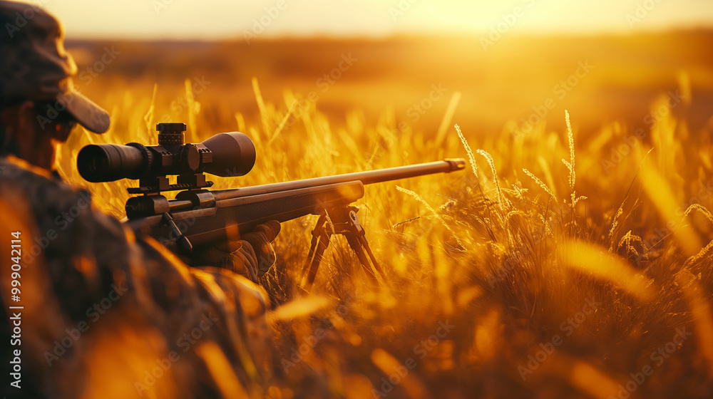Sniper aiming rifle in golden field during sunset, military activity ...