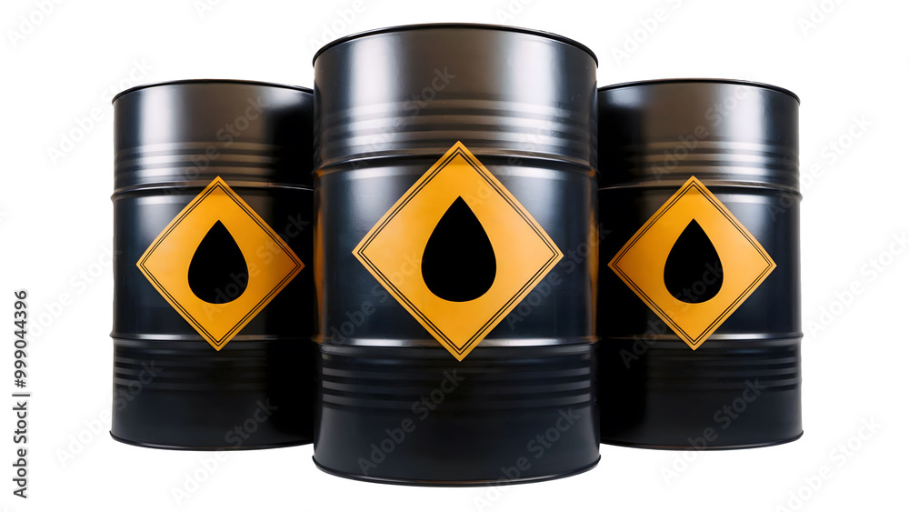 Three Black Oil Barrels with Hazard Symbols Depicting Crude Oil Storage ...