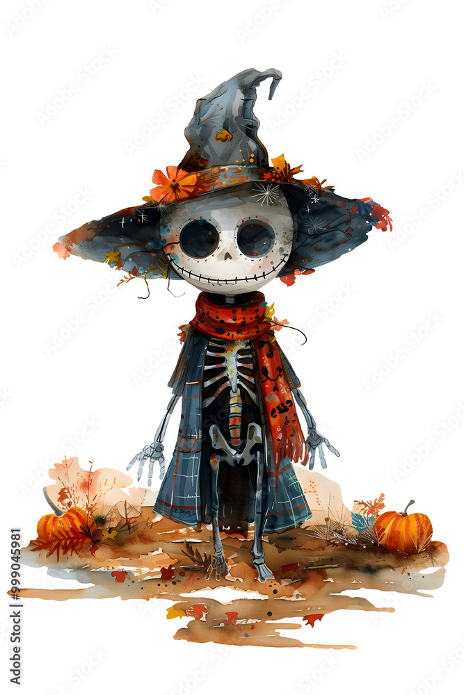 Cute and creepy halloween zombie voodoo doll skeleton in a hat with ...