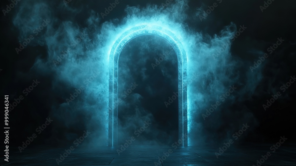 Neon light blue arch. A door with a glow of smoke in space. Portal ...