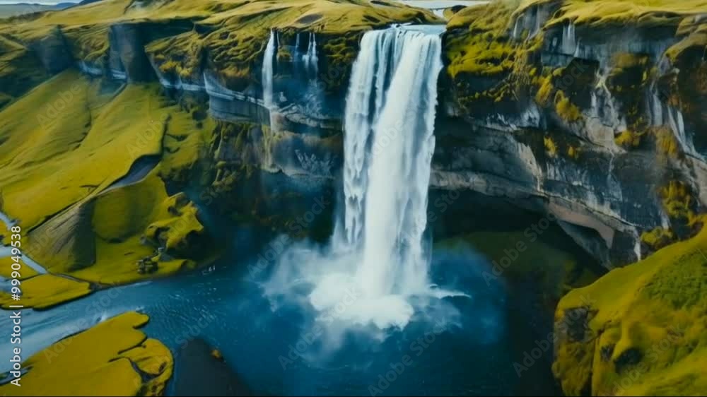 Iceland drone video aerial of famous waterfall Seljalandsfoss in ...