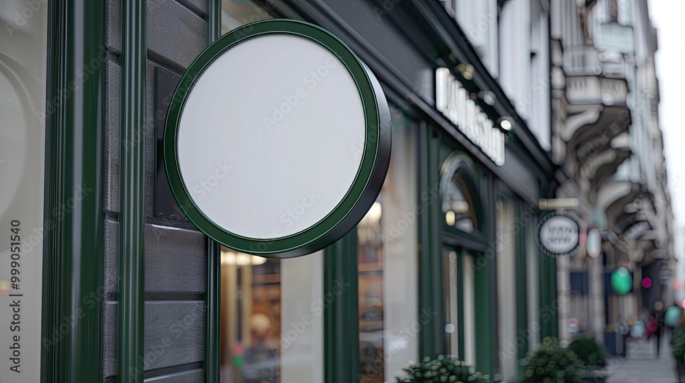 Blank circular storefront signboard mockup with frame hanging on a ...