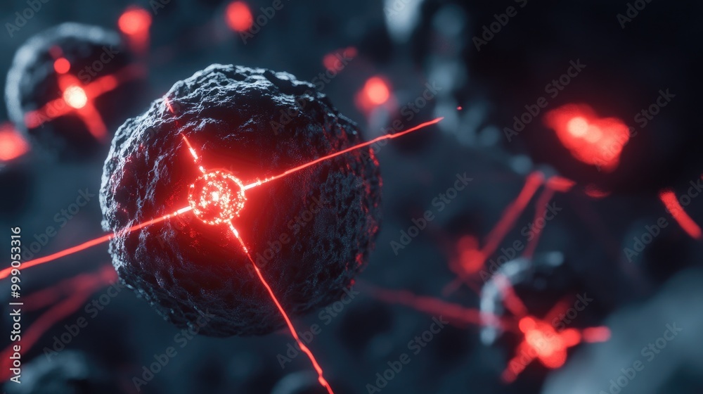 Red laser beams target a black sphere in a dark, futuristic setting ...