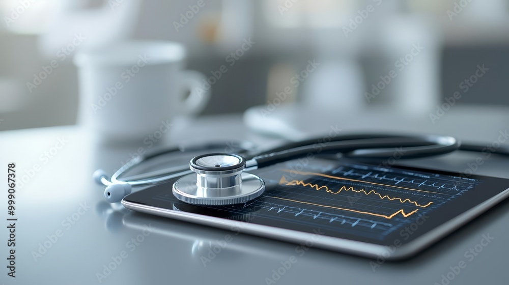 Modern stethoscope on a tablet displaying a vibrant electrocardiogram ...
