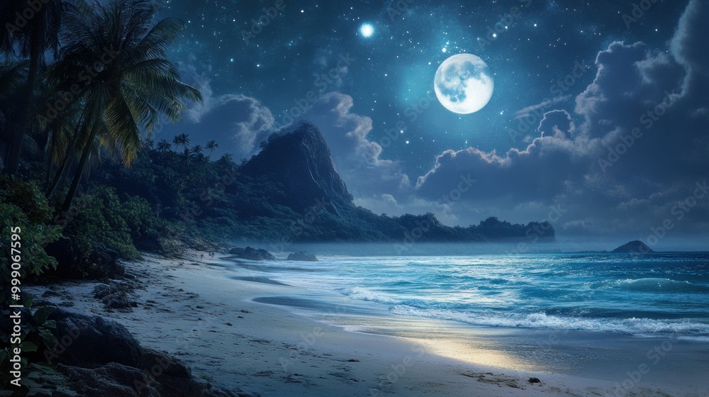 Craft a surreal beach scene where the moonlight bathes the shore in an ...