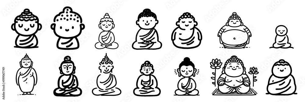 cute buddha characters in different meditation poses, black vector ...