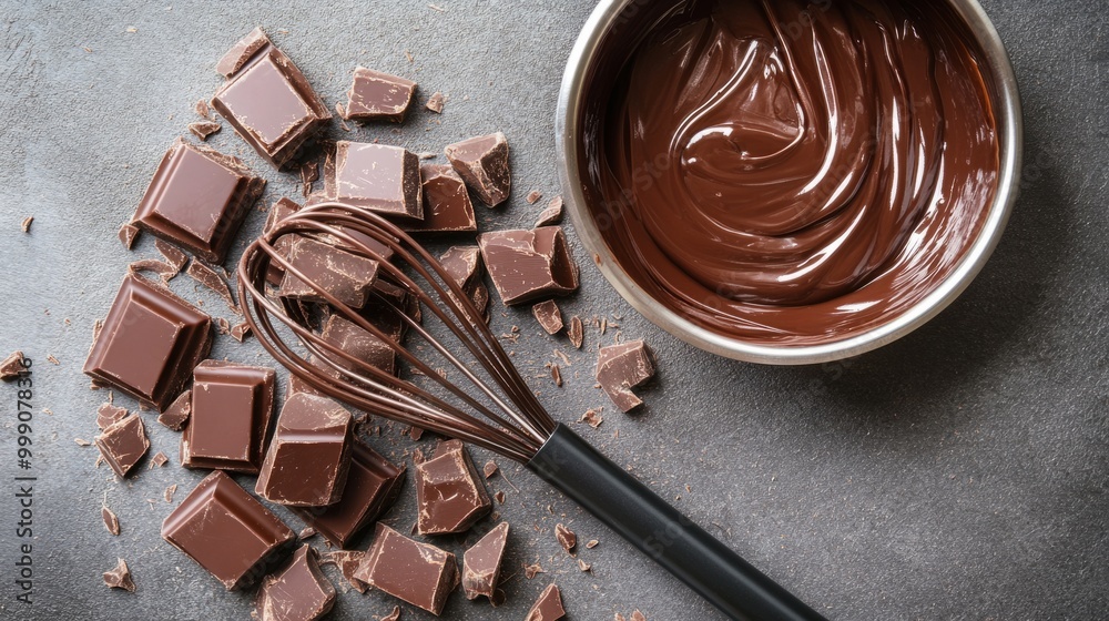 Chopped chocolate bars and chunks next to a whisk dripping with smooth ...