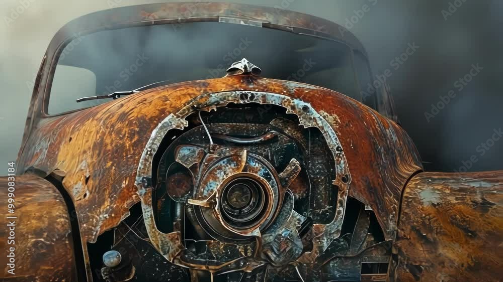 Close up of a rusty abandoned vintage car with smoke billowing from its ...