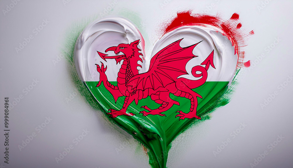 Paint stain in the shape of a heart in the colours of the Welsh flag ...