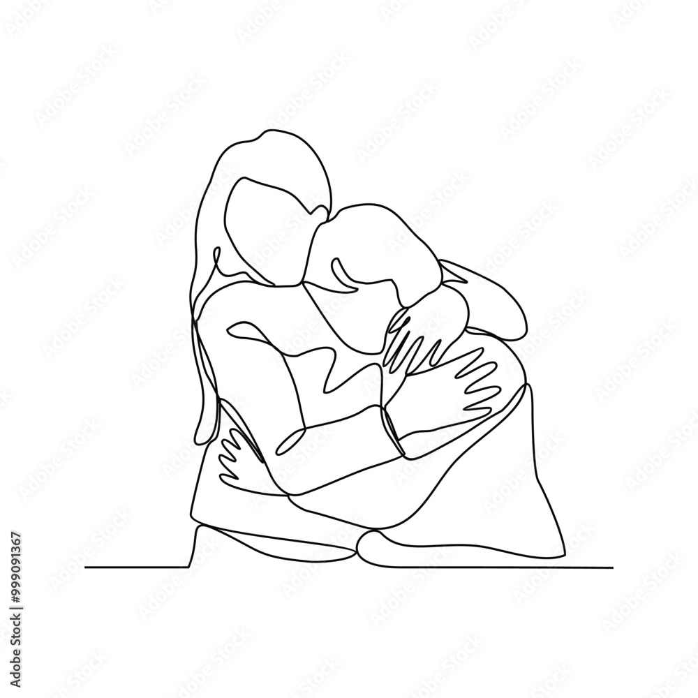 One continuous line drawing of a parents hugging his child vector ...