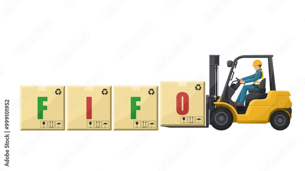Animation of industrial worker driving a forklift loading boxes. FIFO ...