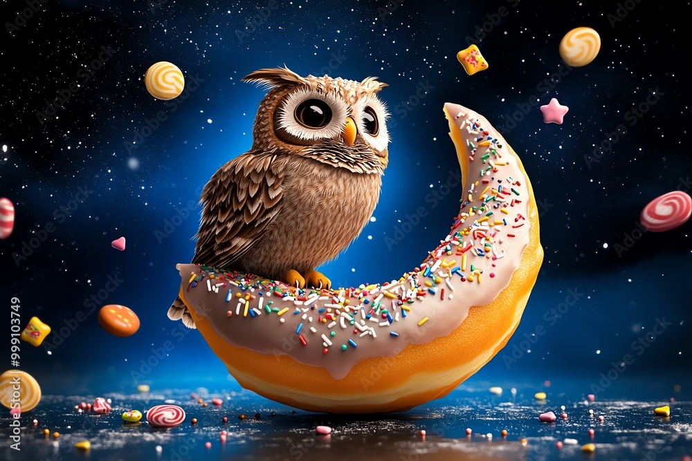 Design a cute owl perched on a giant donut moon in a starry night sky ...