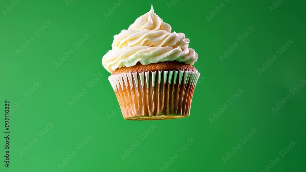 Tempting cupcake with vanilla frosting is floating on a vibrant green ...