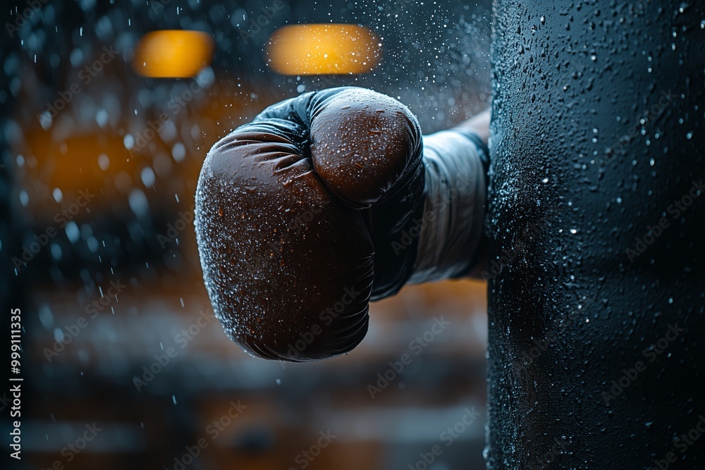 lose-up shot of a powerful boxing glove making impact with a punching ...