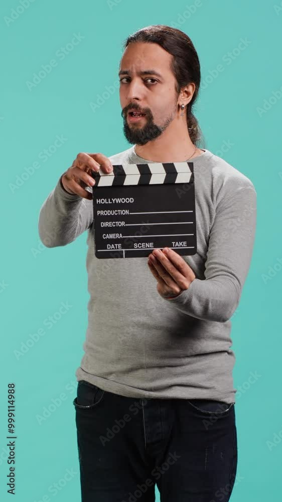 Vertical video Movie director using clapper to signal actors beginning ...
