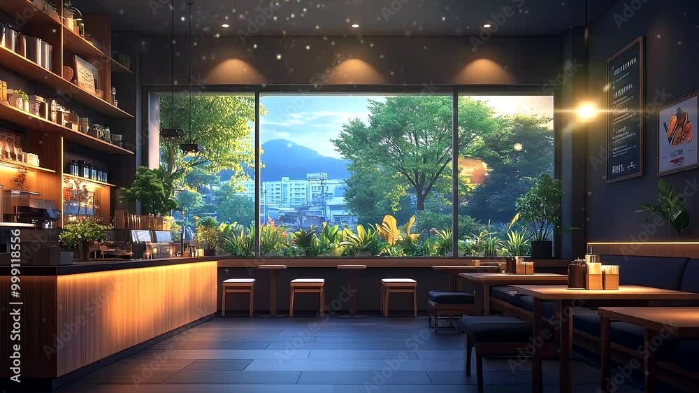 Modern cafe with bar counter, cozy seating, and natural greenery ...