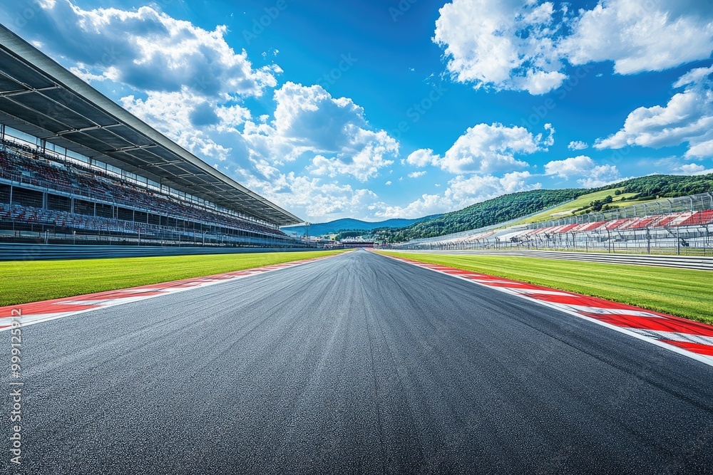 Empty race track with clear sky. Perfect for motorsport, speed, and ...