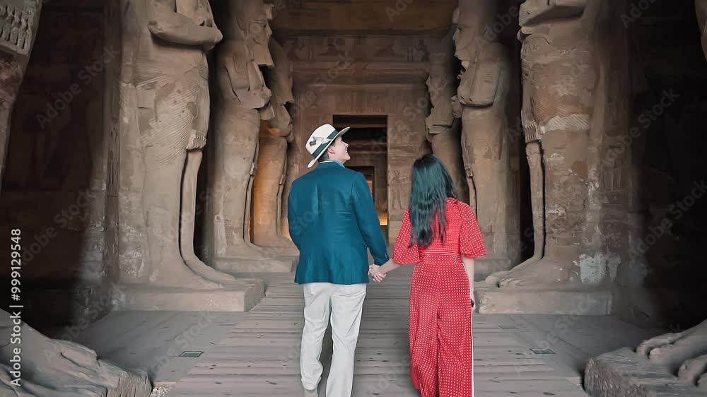 Young man traveler with his wife exploring ancient Egyptian abu simble ...