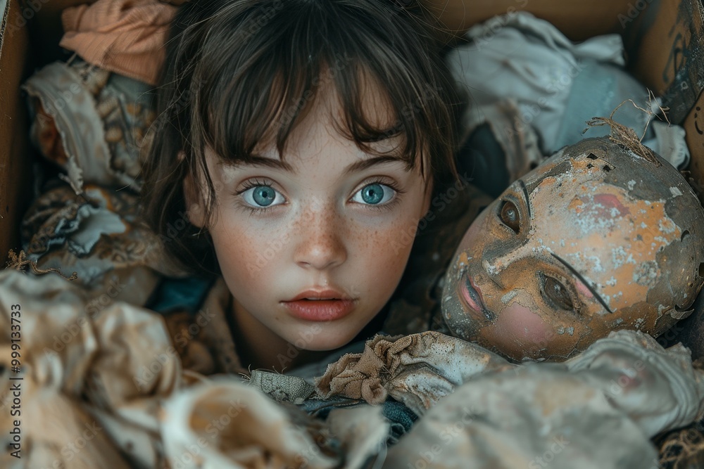 Exploring the concept of dismissal a woman as a broken doll in a trash ...
