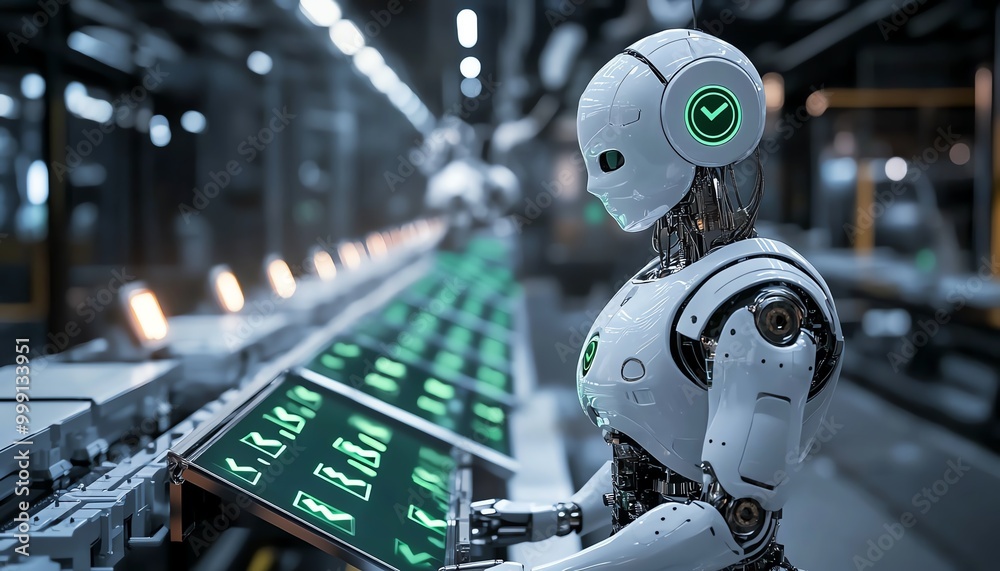 Photo a robot that works on an assembly line organizing green check ...