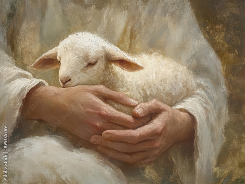 ethereal depiction of jesus christs hands gently cradling a lamb ...