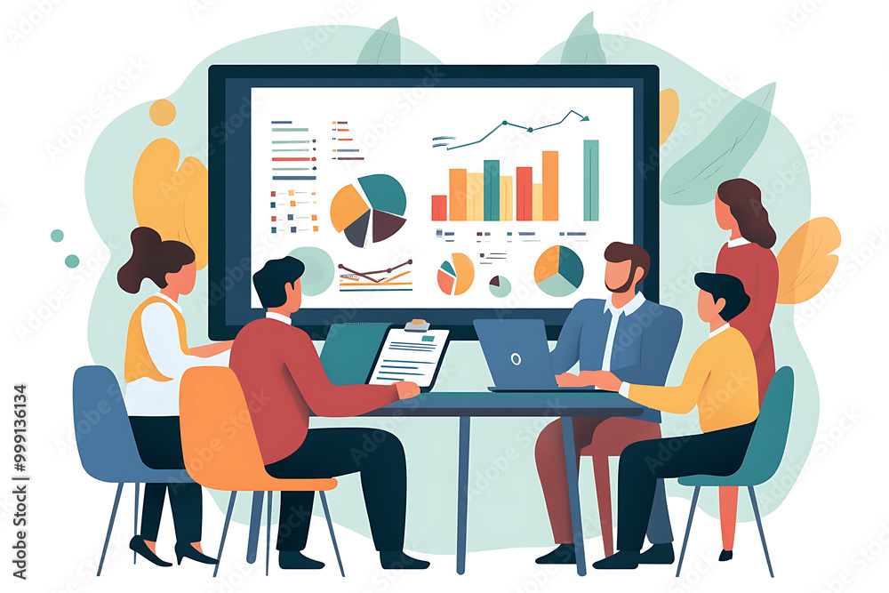 Team meeting analyzing data with charts and graphs displayed on a ...