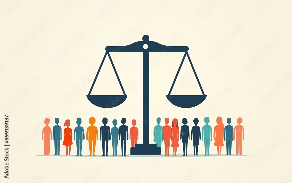A sleek flat design of justice scales with human figures from different ...