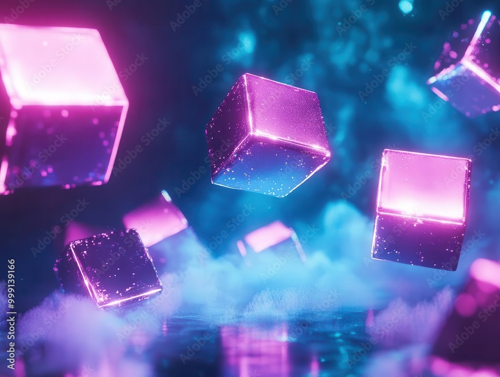 futuristic neon cubes floating in a void emitting an otherworldly glow ...