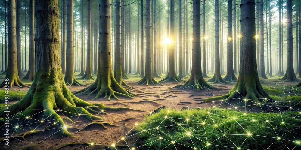 of a vast network of mycelium connecting trees in a forest, mycelium ...