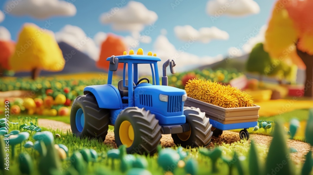 A stylized 3D tractor model in blue, pulling a cart of harvested crops ...