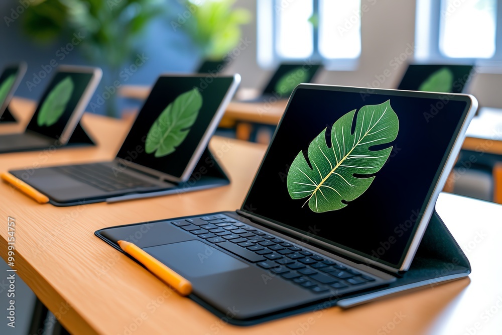 Minimal classroom layout with tablets and laptops on desks, showing a ...