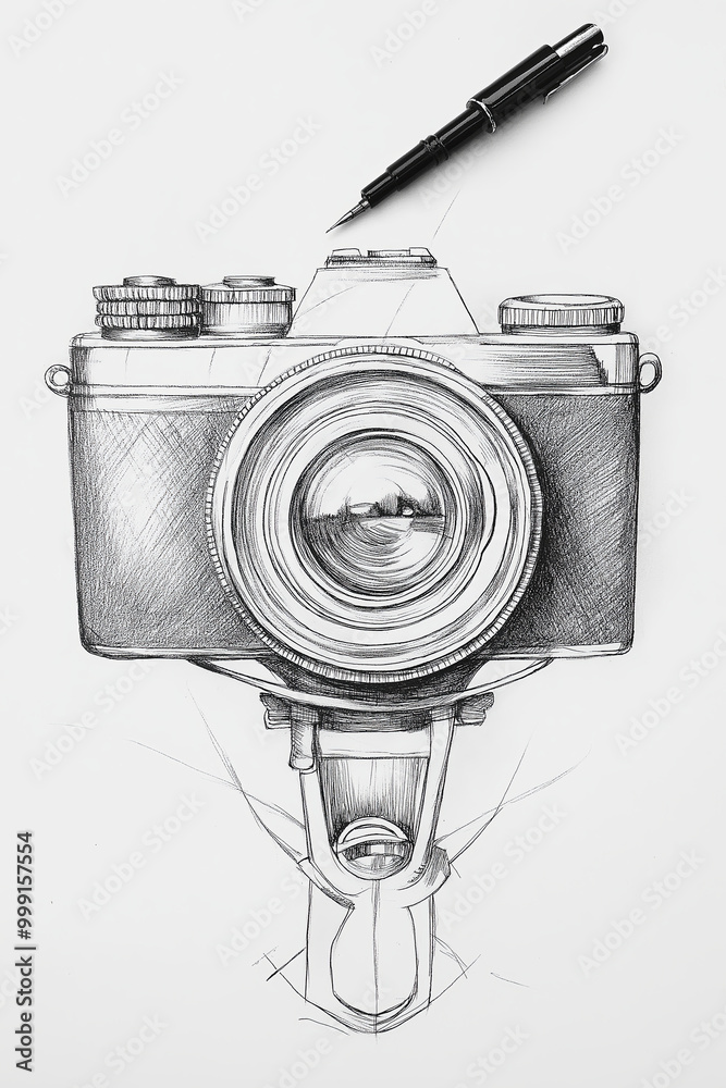 A detailed pencil drawing of an open camera with the lens facing ...