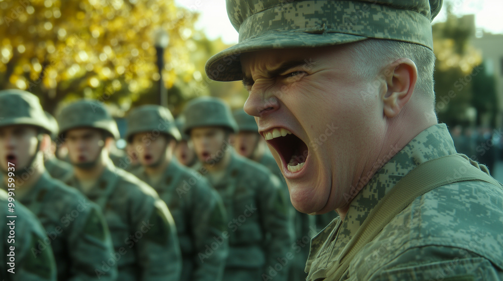 Drill sergeant shouting orders at his squad, exemplifying leadership ...