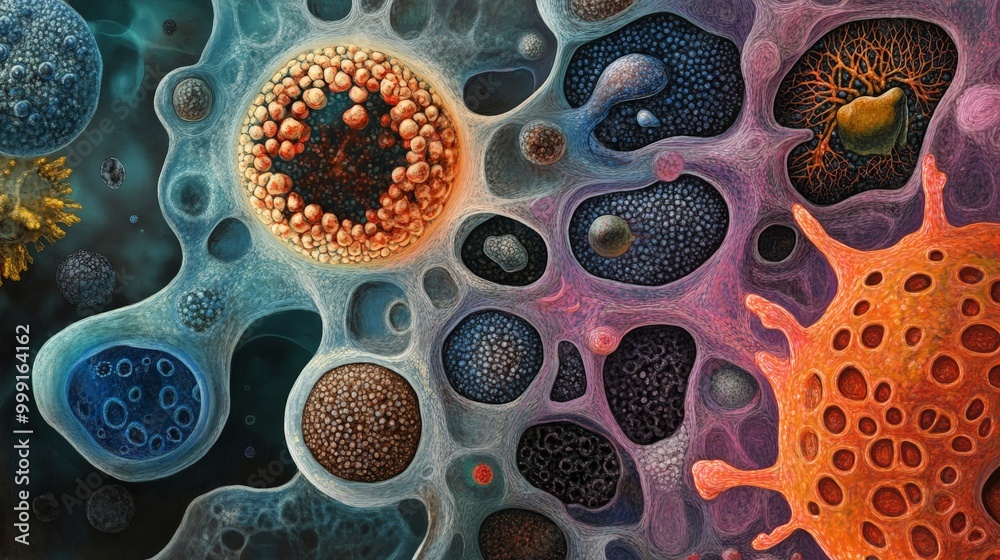 A close-up of animal cells, showing the differences in cell structure ...