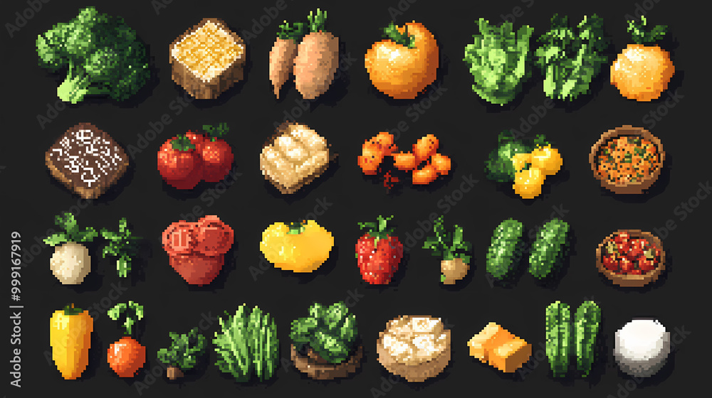 A set of pixel art food icons, including fruits, vegetables, and cooked ...