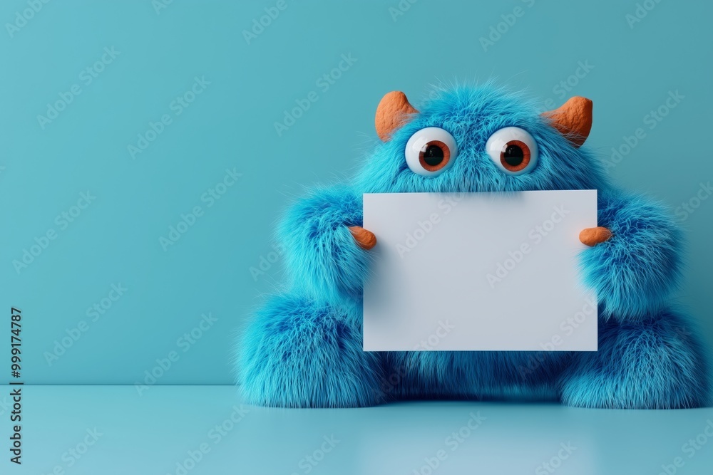 Cute Blue Furry Monster Holding Blank Sign, Playful Advertising Concept ...