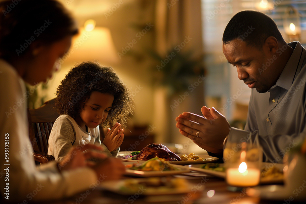 Family Blessing the Food Before Thanksgiving Feast, Praying for ...