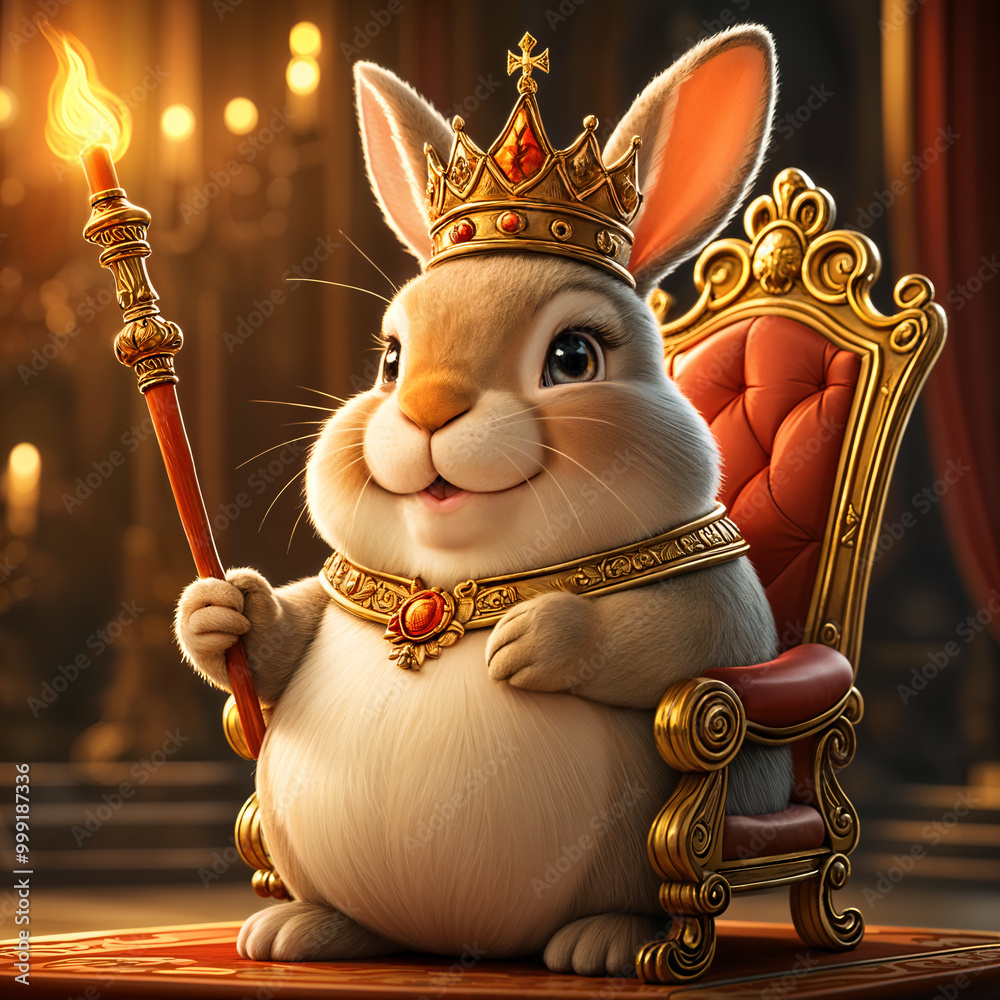 Cute, anthropomorphic rabbit sitting on a throne and holding a scepter ...
