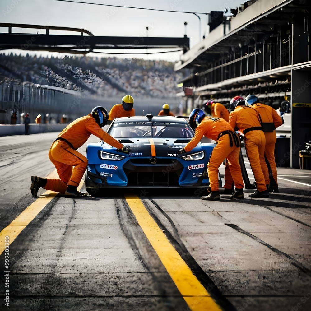 Professional pit crew ready for action as their team's race car arrives in the pit lane during a ...