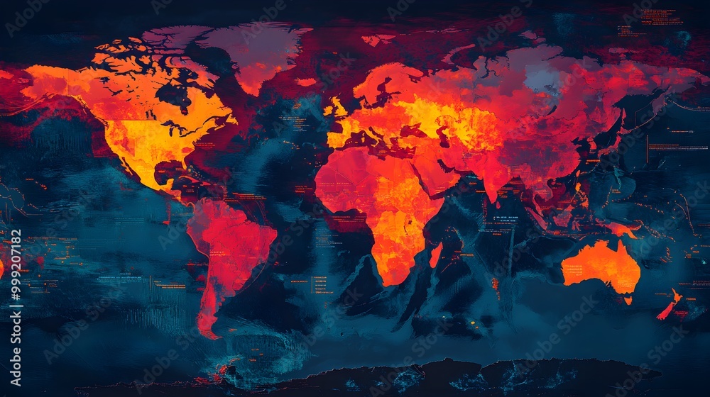 A visually striking digital map of the world displaying vibrant hot ...