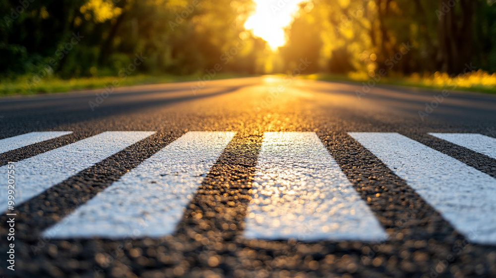 zebra crosswalk markings on a clean, black asphalt road. The distinct ...
