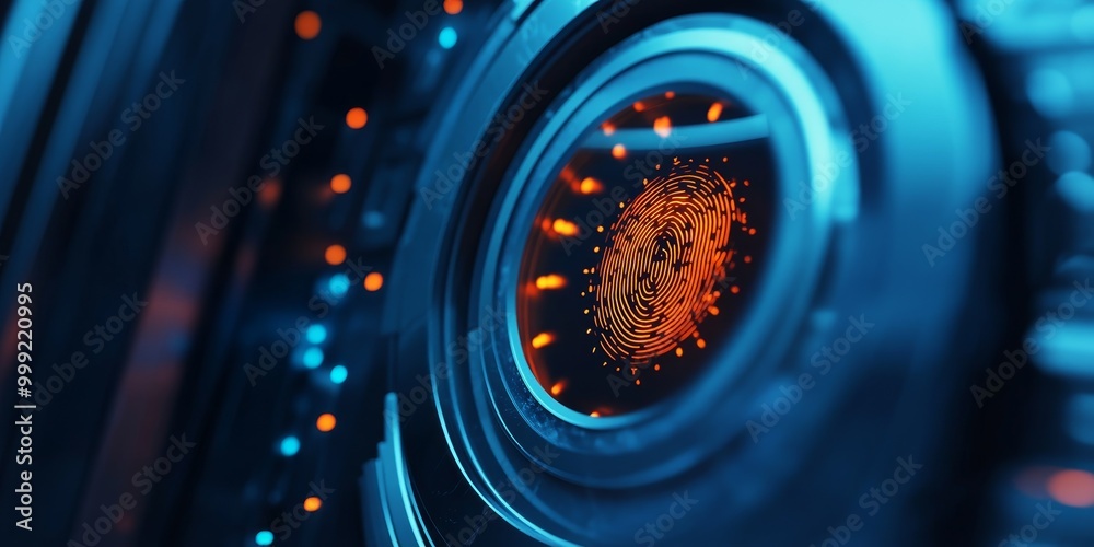 Macro shot of a fingerprint scanner on a secure vault, biometric ...