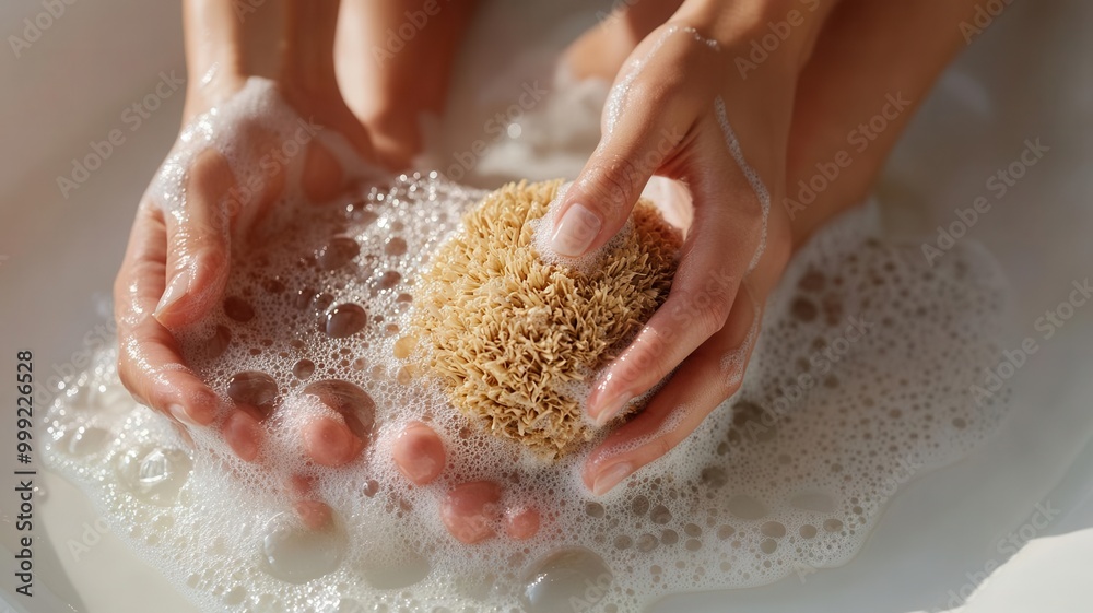 Hands gently scrubbing feet with a natural loofah, soap bubbles forming ...