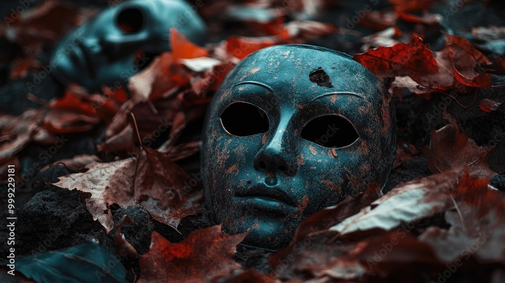 spooky imagery of masks and fallen leaves evokes horror and suspense ...
