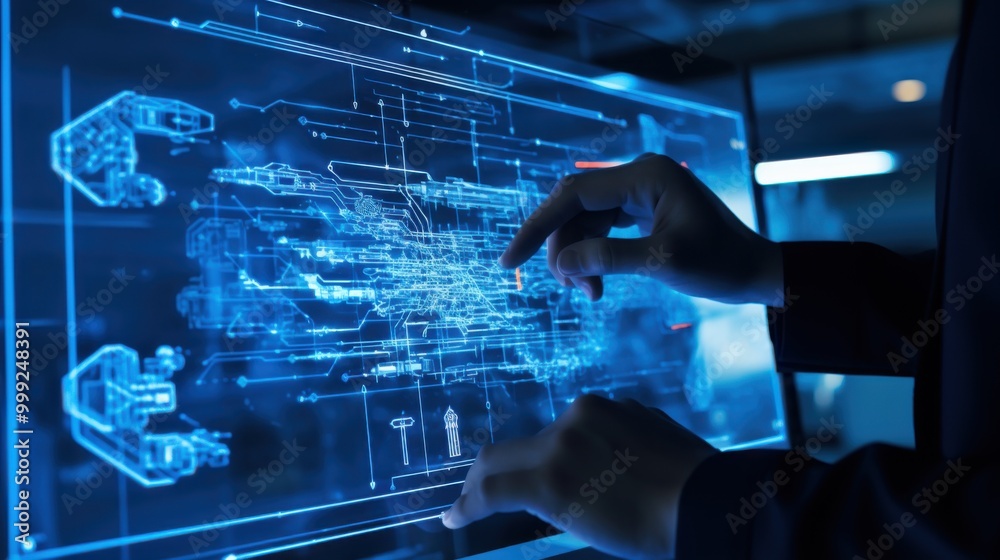Hands manipulate a futuristic digital interface displaying complex blue technical schematics and ...