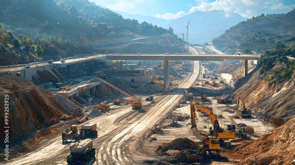 Civil engineering project underway, featuring bridge construction, road ...